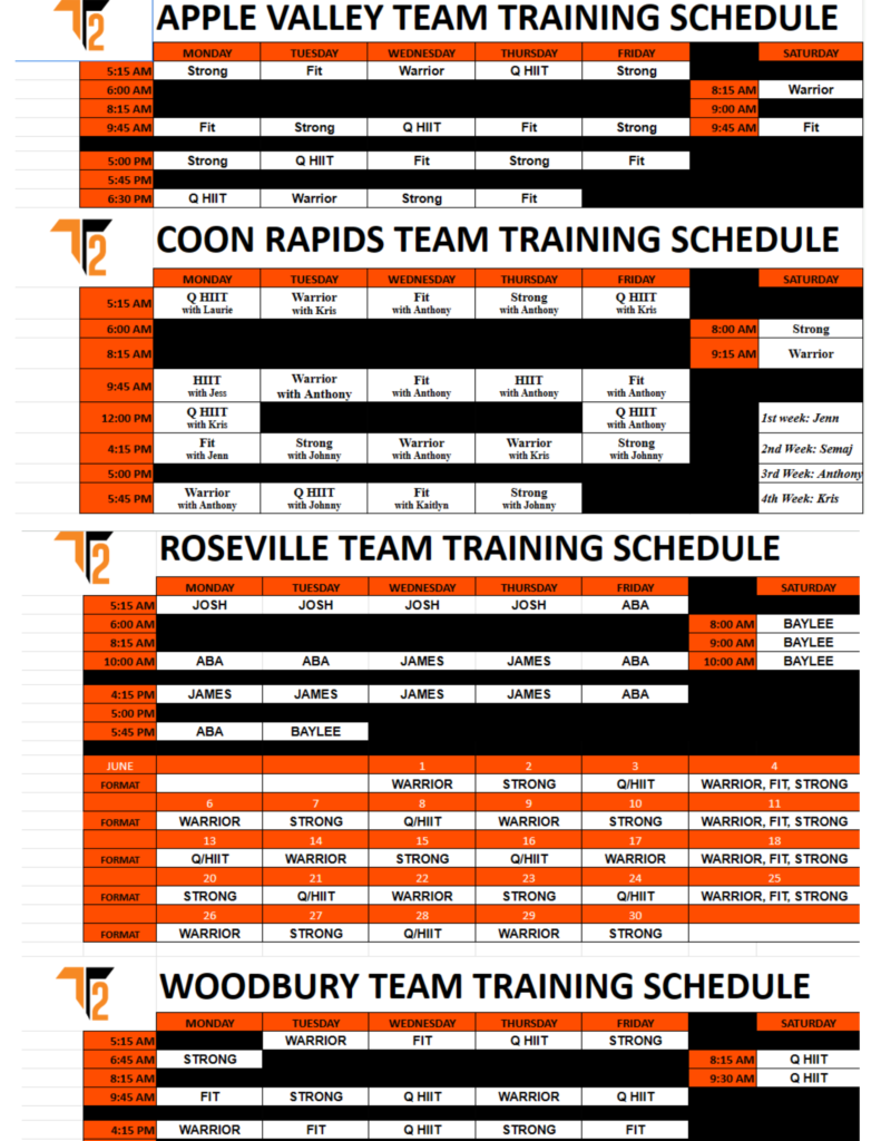 T2 Schedule - MN - Xperience Fitness